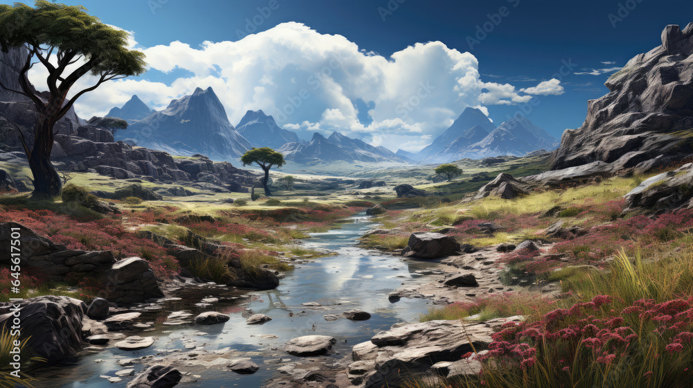 A sparse vegetation-covered tundra with a frozen river thawing and ...