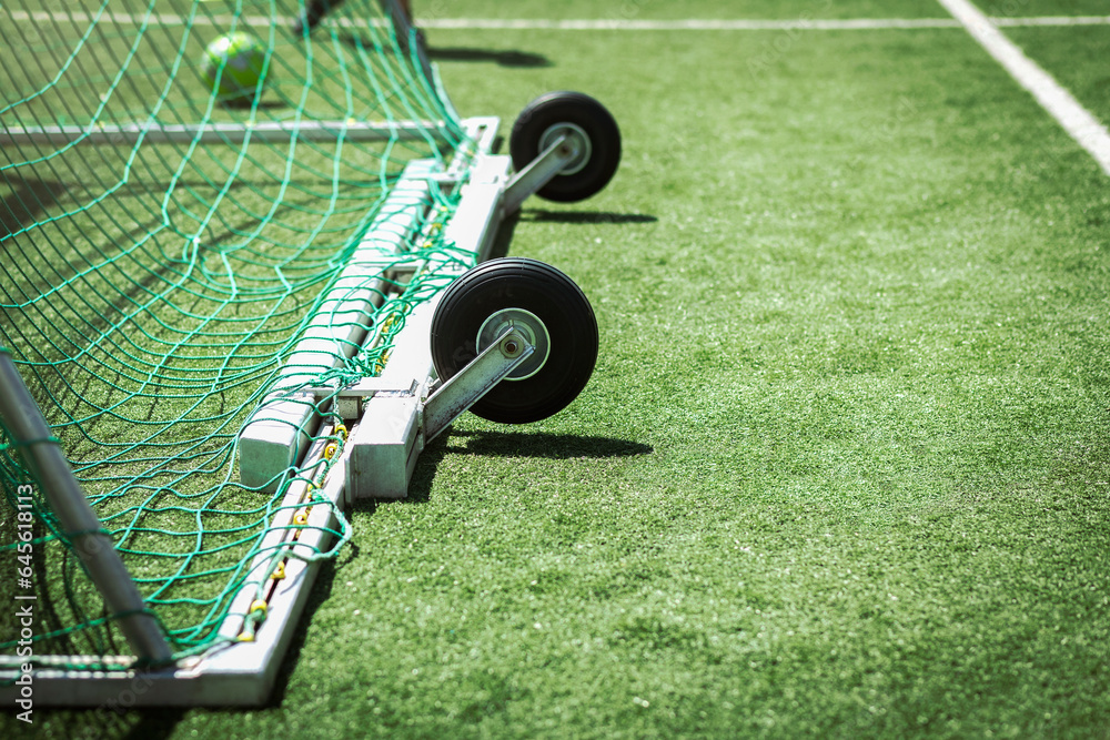 Soccerl Goal with Wheels in Football Field Stadium. Mobile Children ...