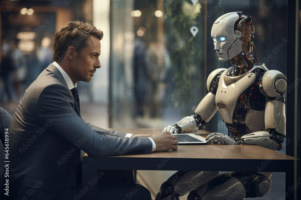 business professionals and a humanoid AI robot are depicted in a ...