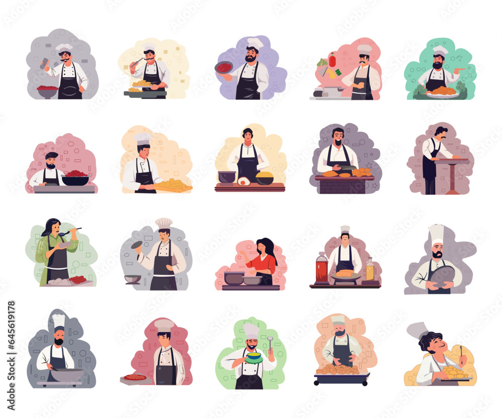 Set of scenes professional restaurant chef activities. Contains like ...