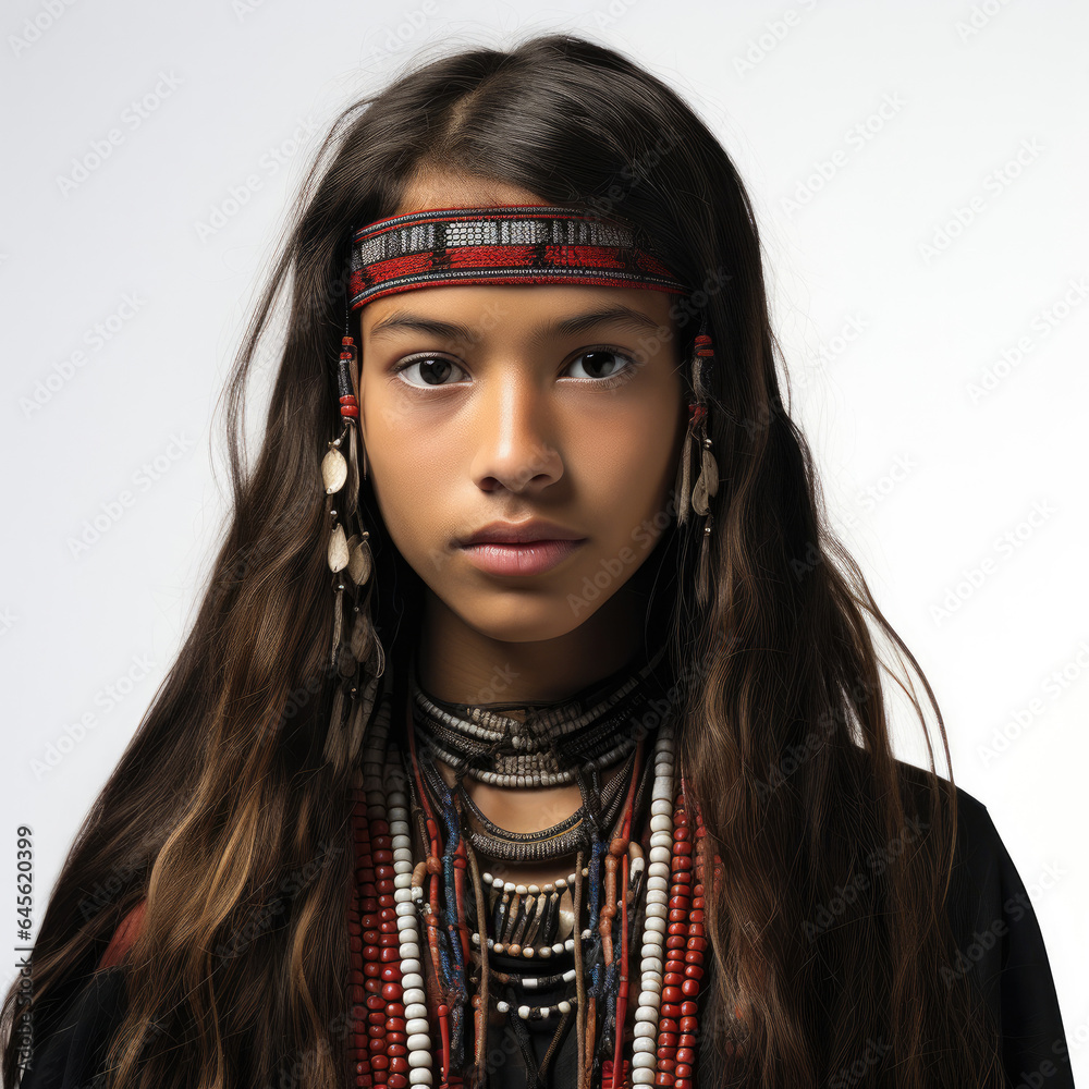 Professional studio head shot of a mystified 13-year-old Native ...