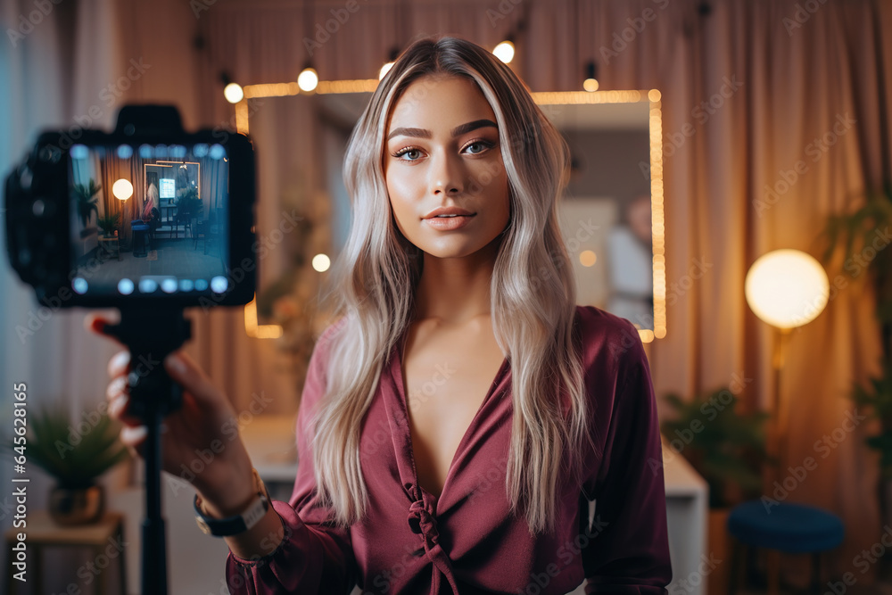 Young girl influencer recording a candid video for social media ...