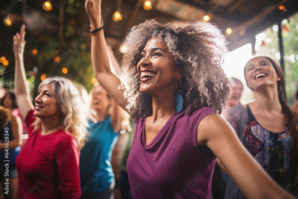 Middle-aged women enjoying a joyful dance class, candidly expressing ...