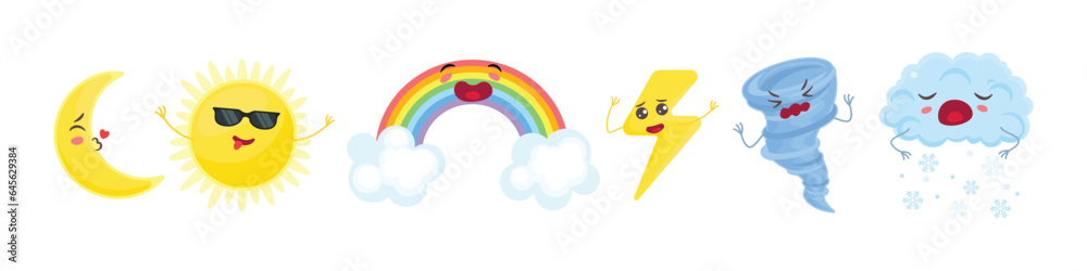 Weather forecast icon set in cartoon style. Clouds, sun, moon, rain ...