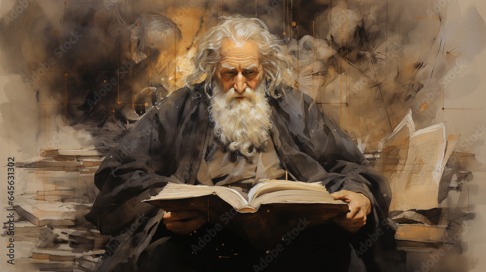 A portrait sketch of a wise scholar lost in ancient texts, surrounded ...