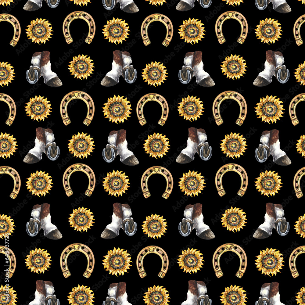 Seamless pattern with hooves, horseshoe and sunflower. Hand-painted in ...