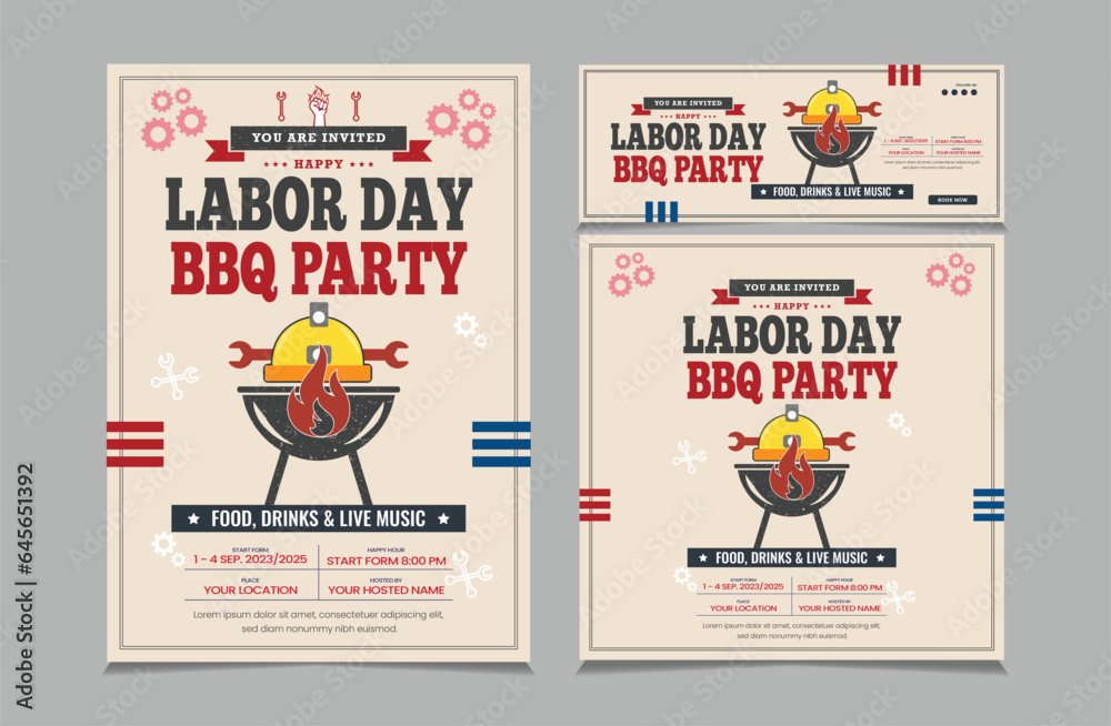 labor Day barbeque BBQ flyer, leaflet, invitation design template ...