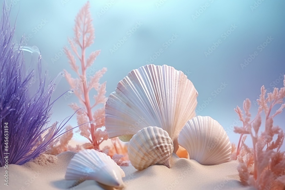 3D three-dimensional abstract background of seabed shells and corals ...