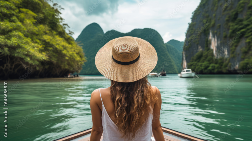 Back view of the young woman in straw hat relaxing on the boat and ...