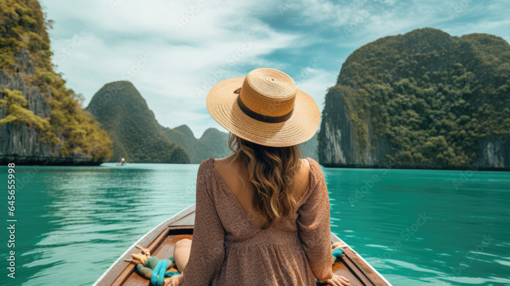 Back view of the young woman in straw hat relaxing on the boat and ...