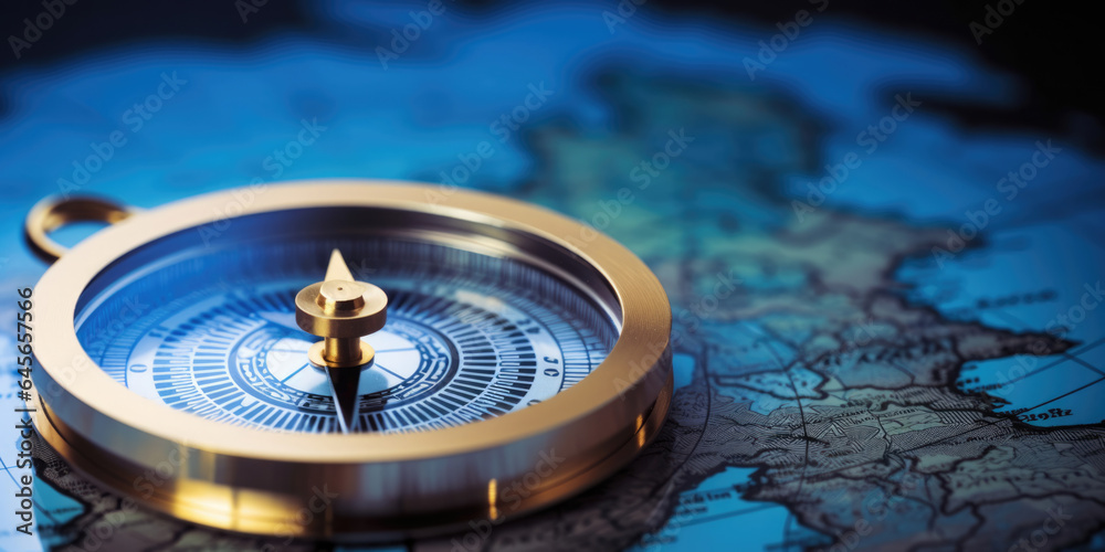 Magnetic compass and location marking with a pin on routes on world map ...