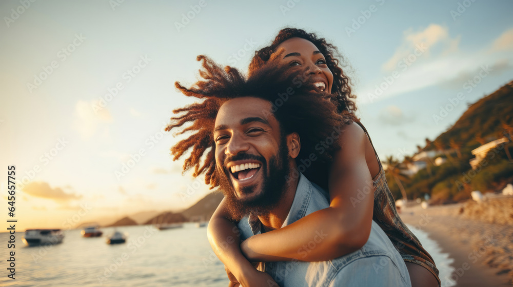 Black couple, travel and beach fun while laughing on sunset nature ...