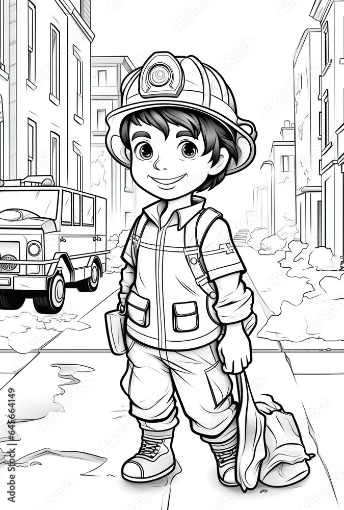 fireman coloring book page for kids Stock Illustration | Adobe Stock