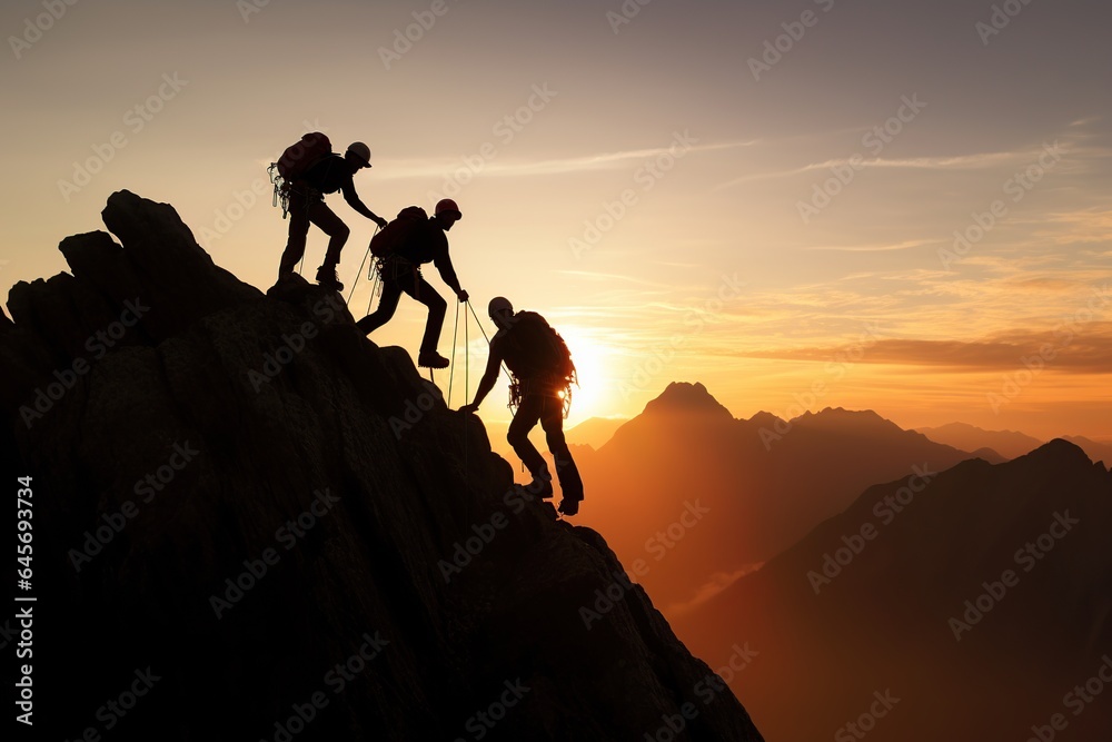 Hiker helping friend reach the mountain top, Teamwork concept ...