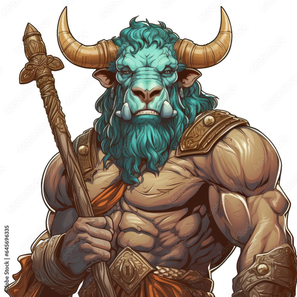 Colorful illustration of the legendary Minotaur bull with a huge ax in ...