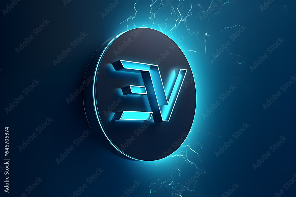 Electric vehicle EV symbol in circle with turquoise neon glow on dark ...