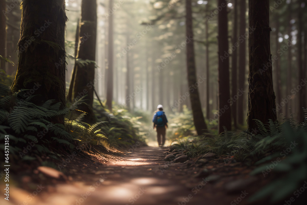 A distant man on the trails in a green forest Stock Photo | Adobe Stock