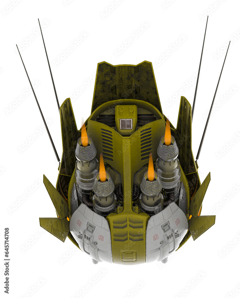 alien drone is flying over our head and going away in white background ...