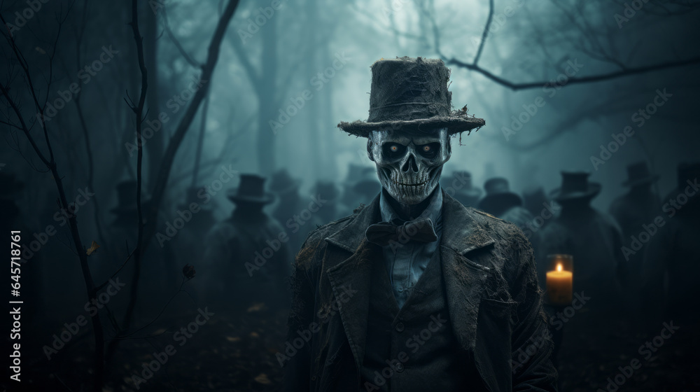 A creepy skeleton. In a misty forest. Haunted. Monster. in a hat ...