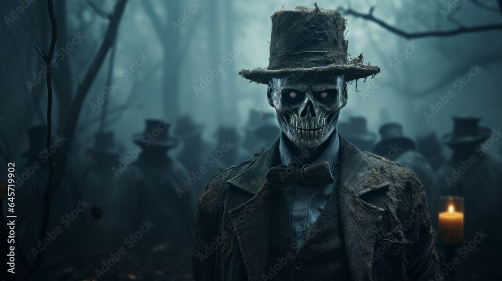 A creepy skeleton. In a misty forest. Haunted. Monster. Wearing a hat ...