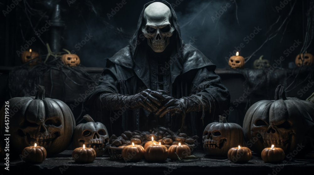 A monster. Skull. Halloween concept. Sitting at a table. Wearing gloves ...