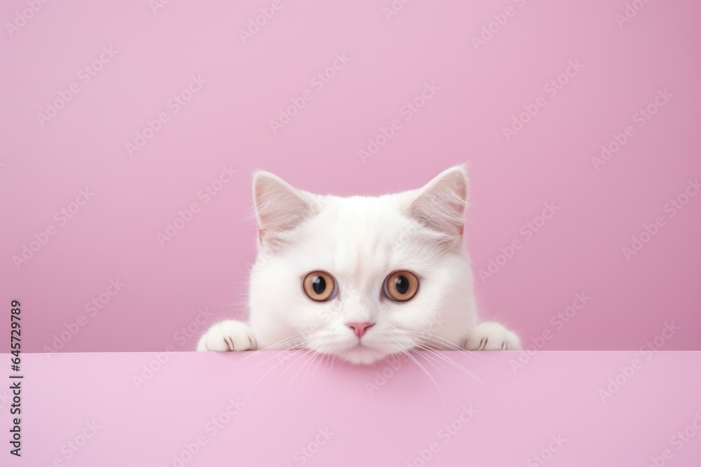 cute white kitty cat with head poking out from behind the table, pink ...
