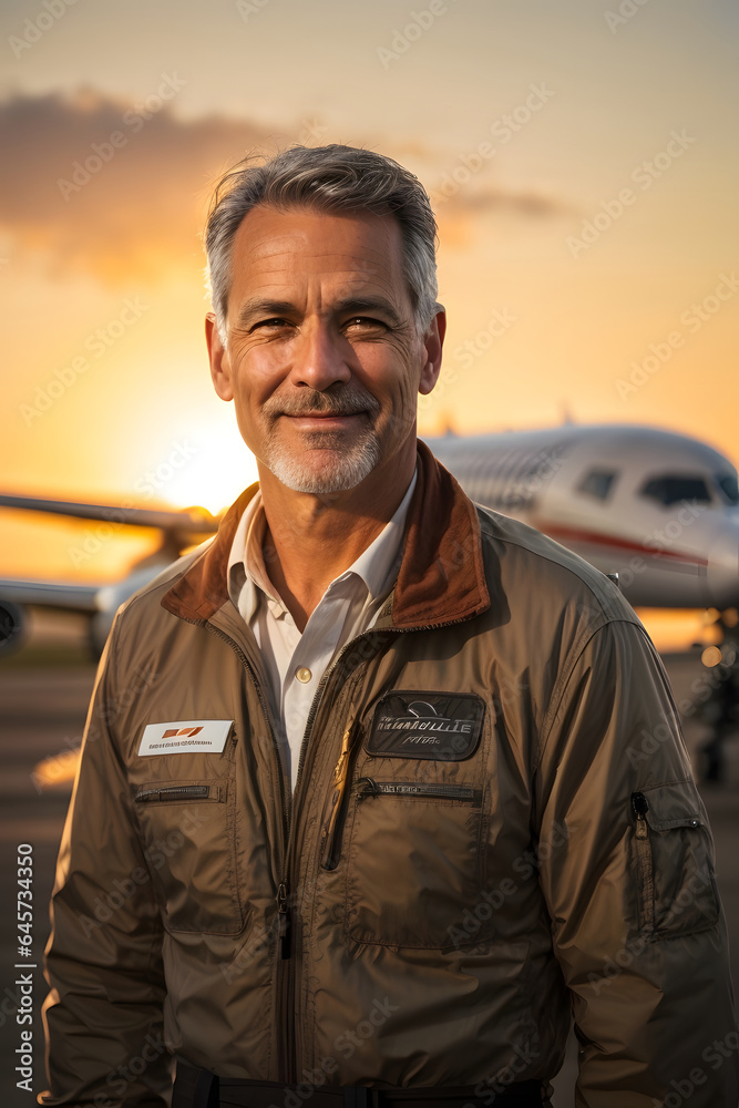 Portrait of an experienced middle aged boeing pilot posing on the ...