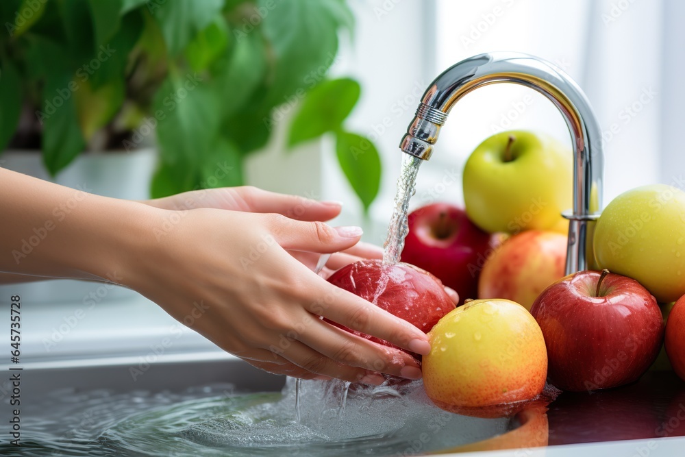 Hand washing fruits with tap water in bright kitchen Stock Photo ...