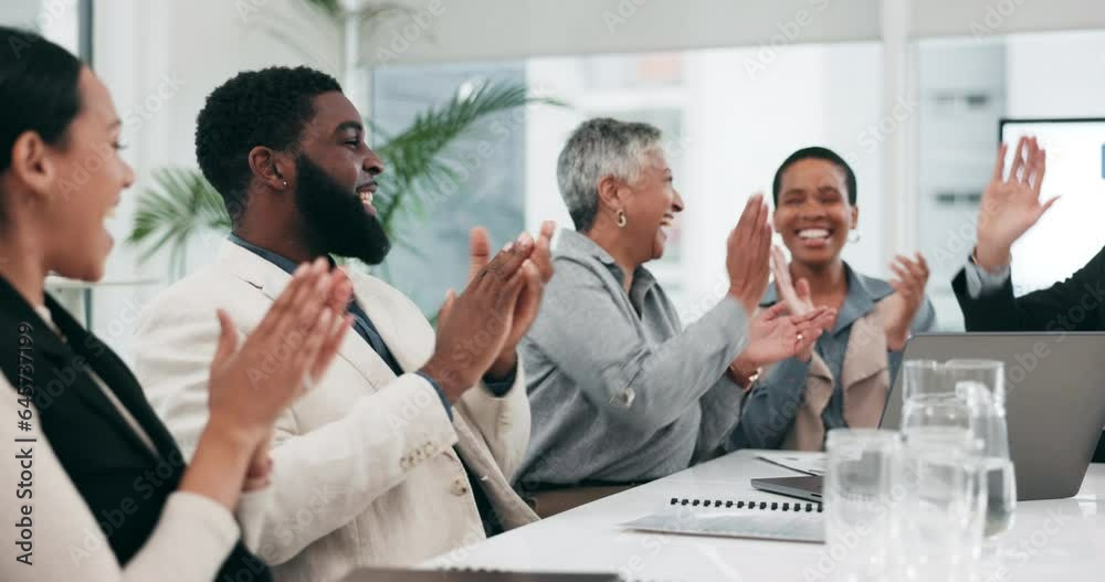 Team, business people clapping and high five on laptop for achievement ...