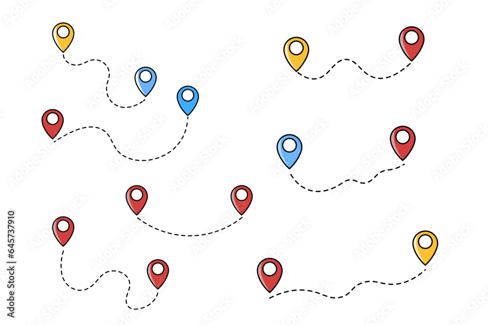 Route location color icon set, two pin sign and dotted line road, start ...