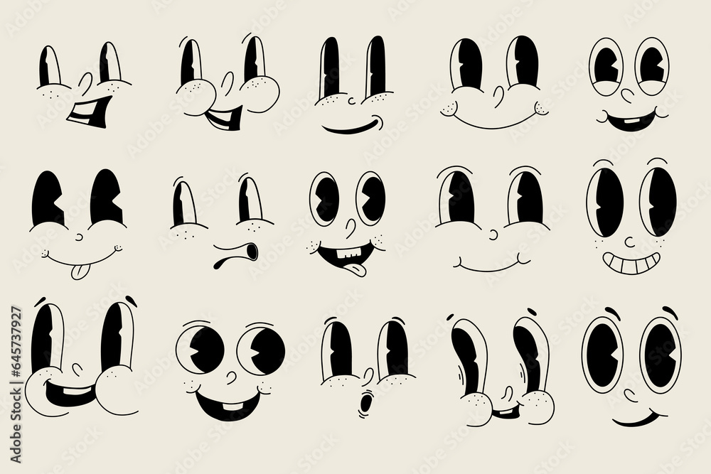 Vetor de Groovy comic faces. Retro Cartoon Emoji Set. Collection of ...