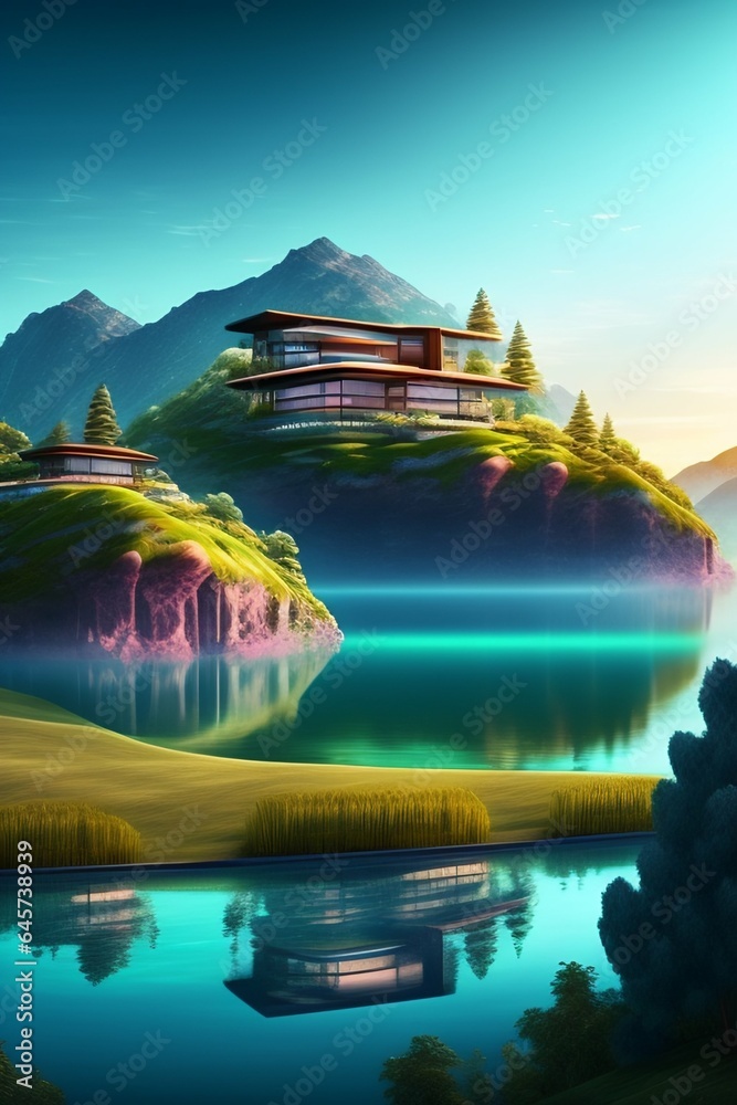 A row of beautiful villas on a mountainside with beautiful scenery ...