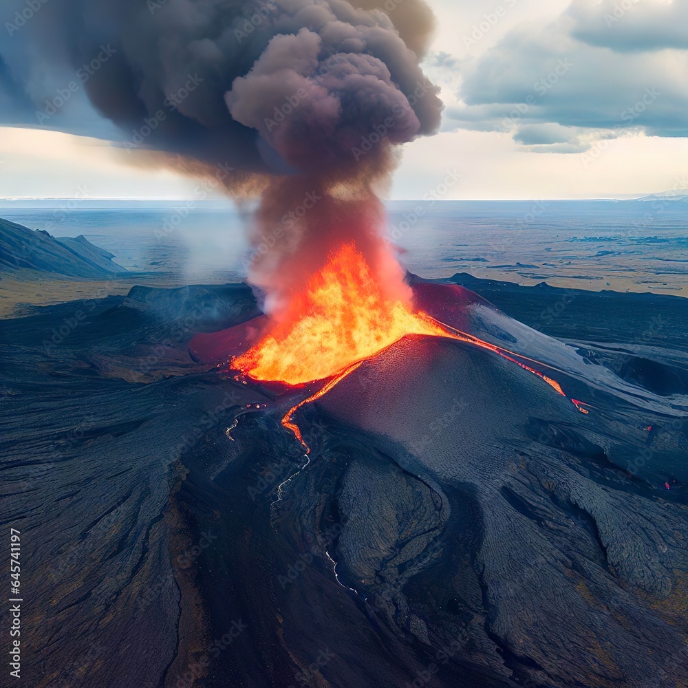 Aerial Panoramic view of Volcano Eruption, Litli-Hrútur Hill ...