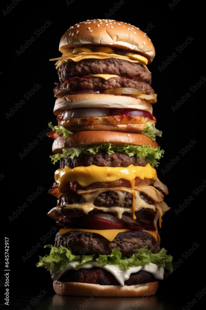 Tower of delicious burgers and cheeseburgers with lettuce, tomato ...