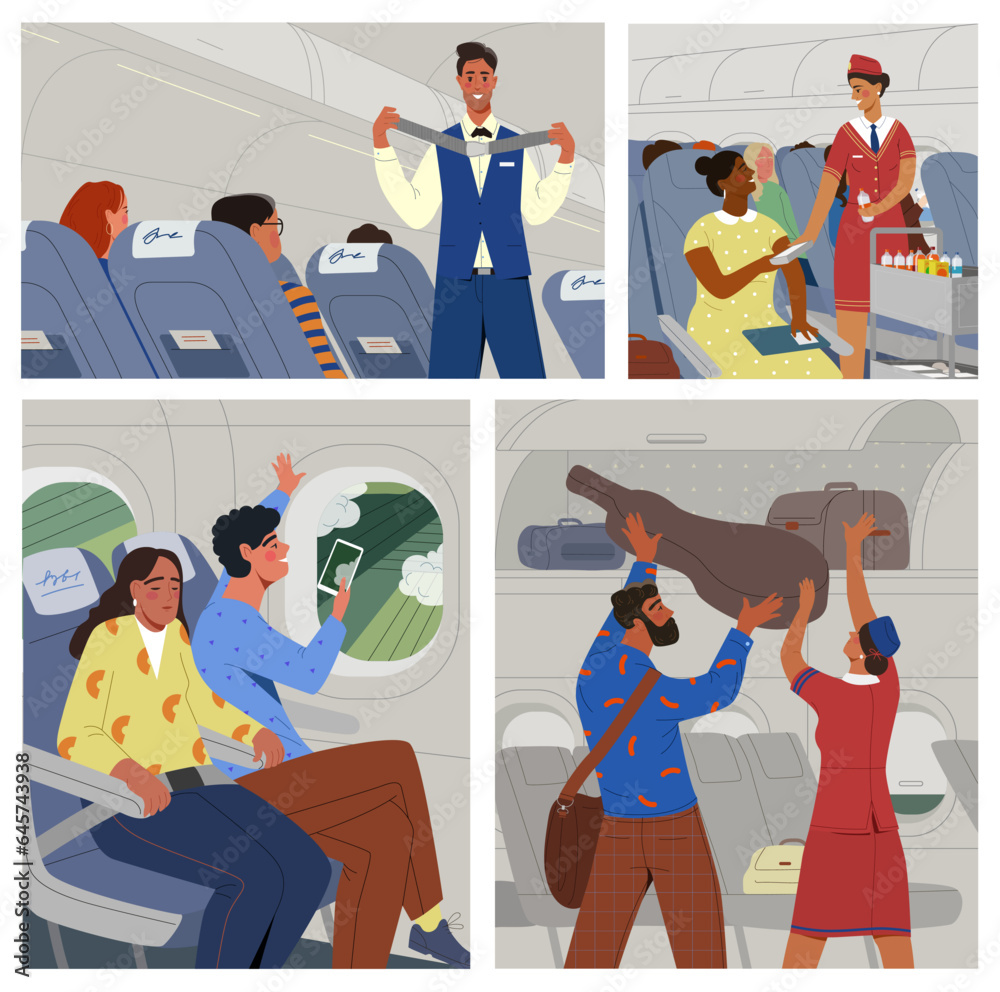 Passengers travel in airplane. Characters take pictures and sleep in ...