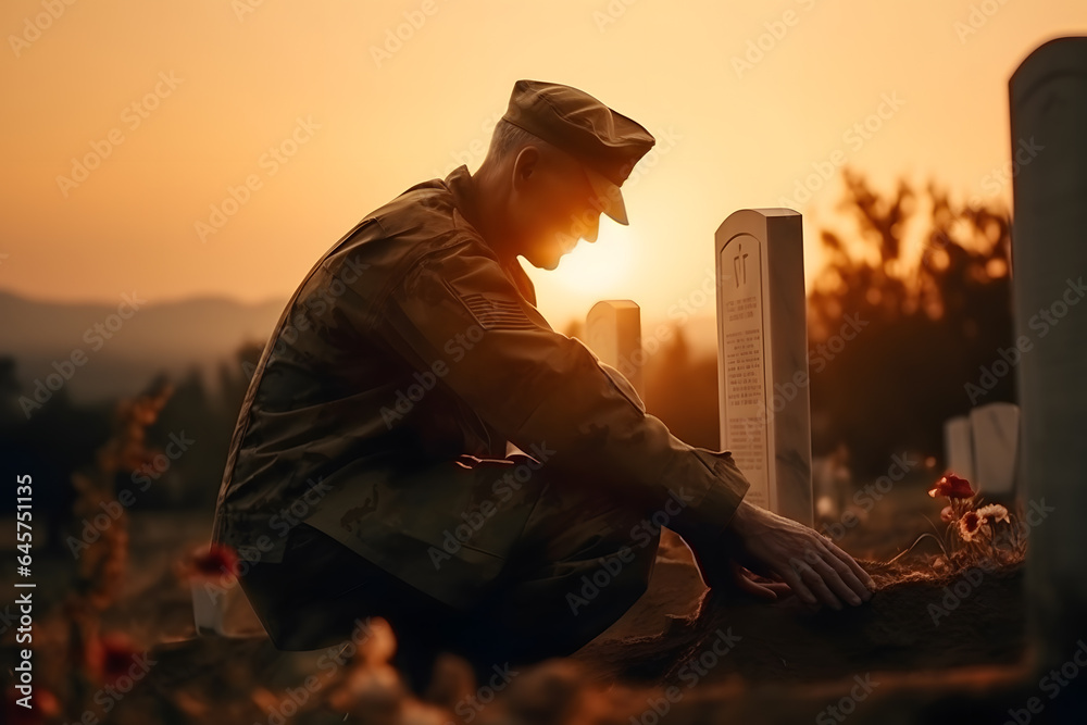 Military man kneeling of grave fallen soldier, sunset. Concept veteran ...