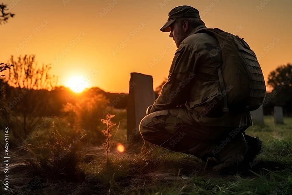 Military man kneeling of grave fallen soldier, sunset. Concept veteran ...