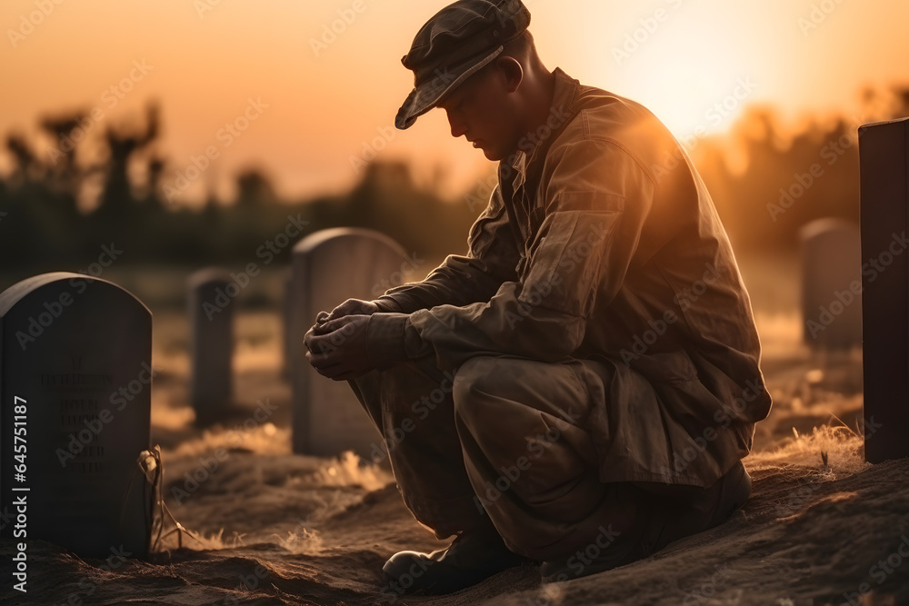 Military man kneeling of grave fallen soldier, sunset. Concept veteran ...