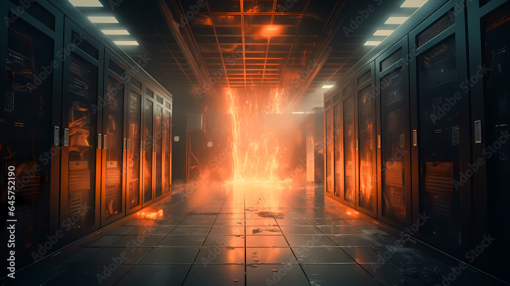 Server room Burning. Data center and supercomputer technology in fire ...