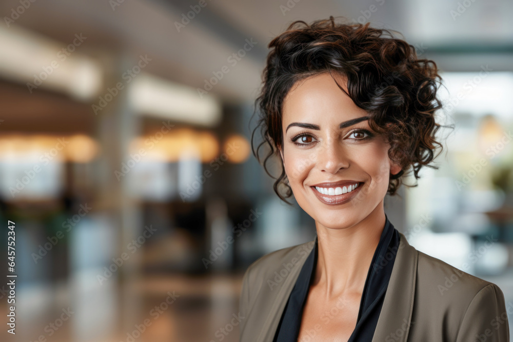 Smiling 45 year old woman with dark curly hair posing in modern lobby ...