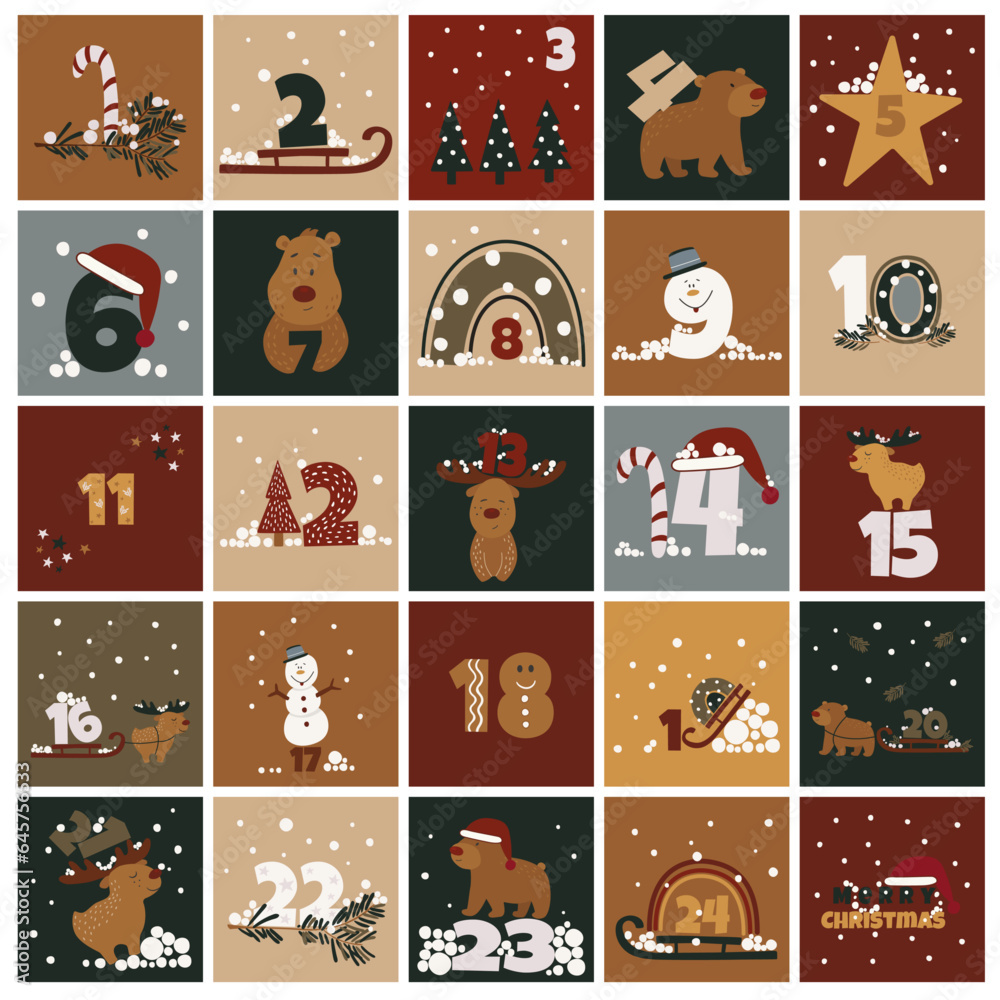 Cute christmas advent calendar decorated with forest animals, bears ...