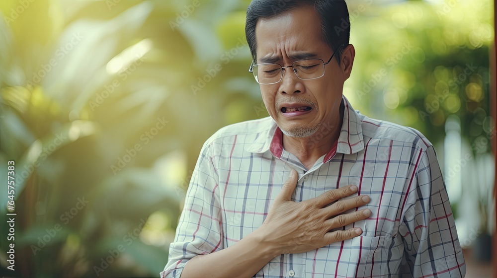 hand hold chest with heart attack symptoms, man working hard have chest ...