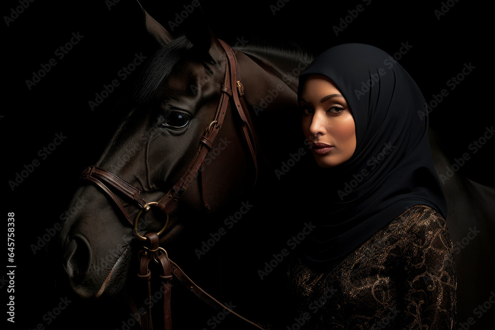Elegance in Black: A Muslim Woman, a Horse Lover, Standing in Front of ...