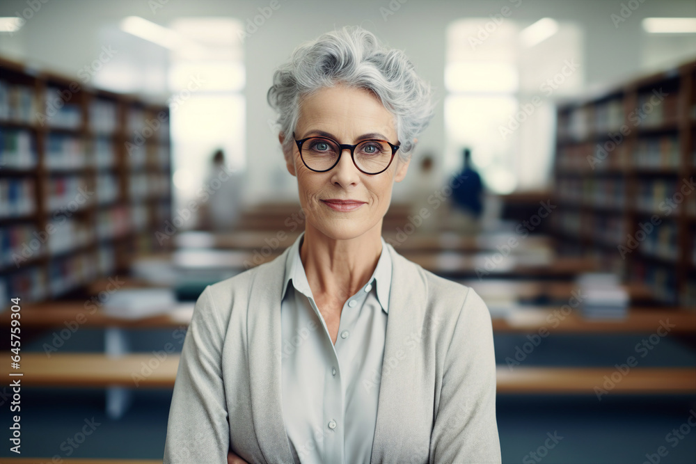 Generative AI photo of beautiful intelligent lady blurred schoolroom or ...