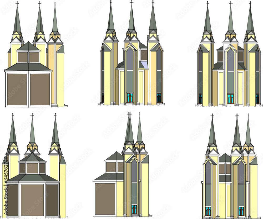 Sketch vector illustration of holy church architectural design with 3 ...