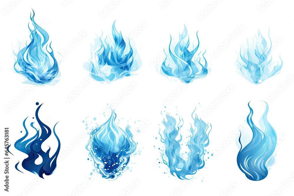 Blue fire flame element burning on transparent background. Flame set ...