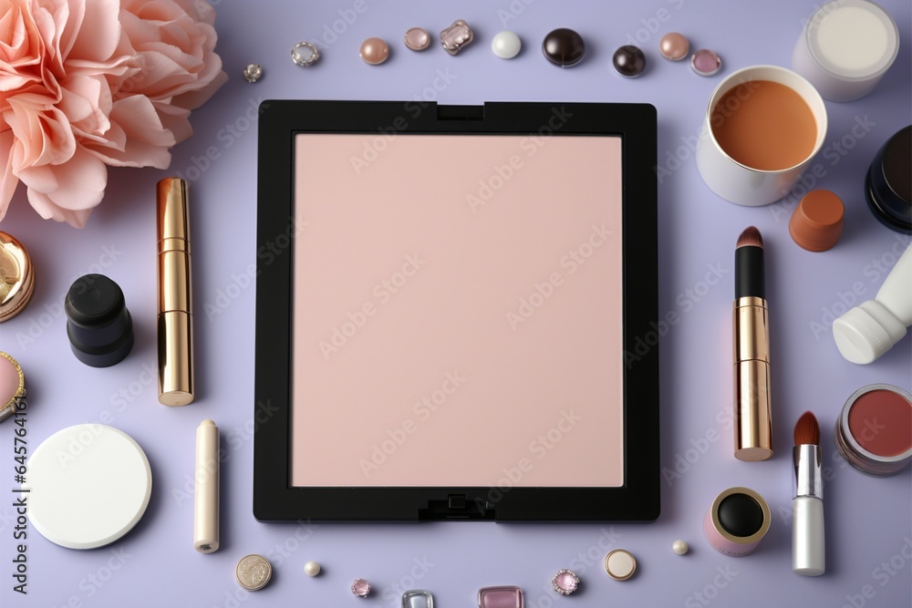 Cosmetics encircle a tablet with a pristine white screen, beauty tech ...