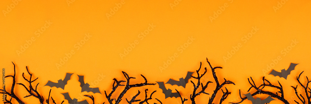 Halloween bottom border of spooky bats and black branches. Top view ...