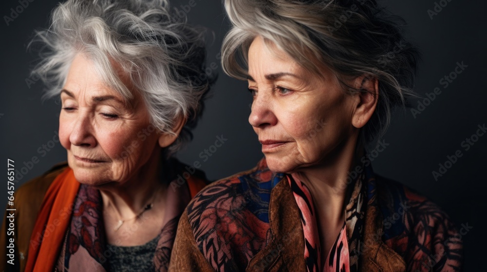 Sad senior women, representing different skin tones, with elegant grey ...