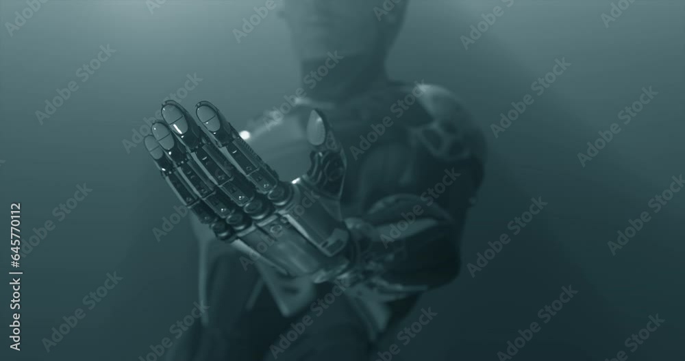 Futuristic Robot offering an arm, opening palm, giving arm inviting ...